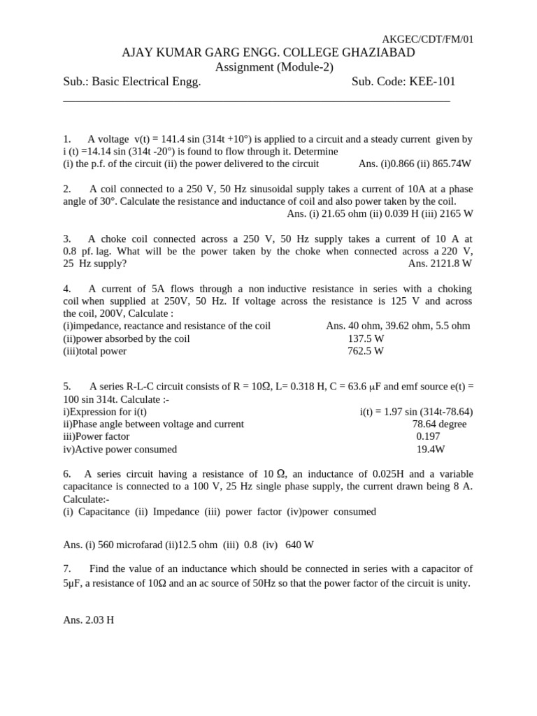 Tutorial Sheet Electrical | PDF | Series And Parallel Circuits | Inductor