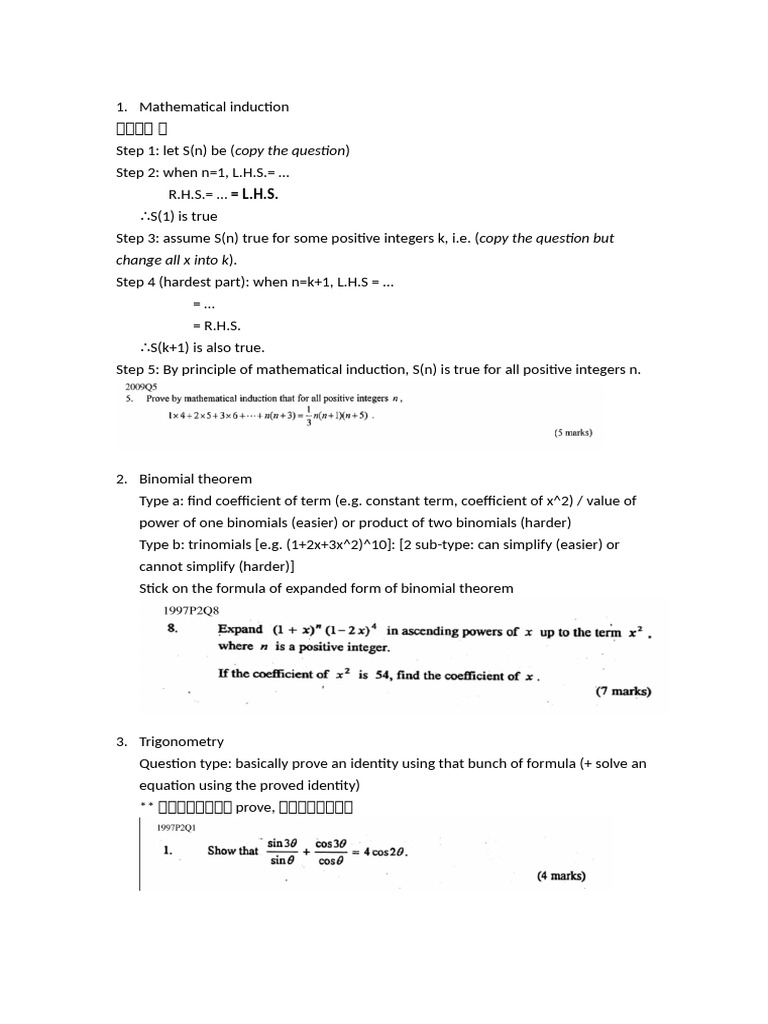 Math Induction, Binomial, Trig, Calc Guide | PDF