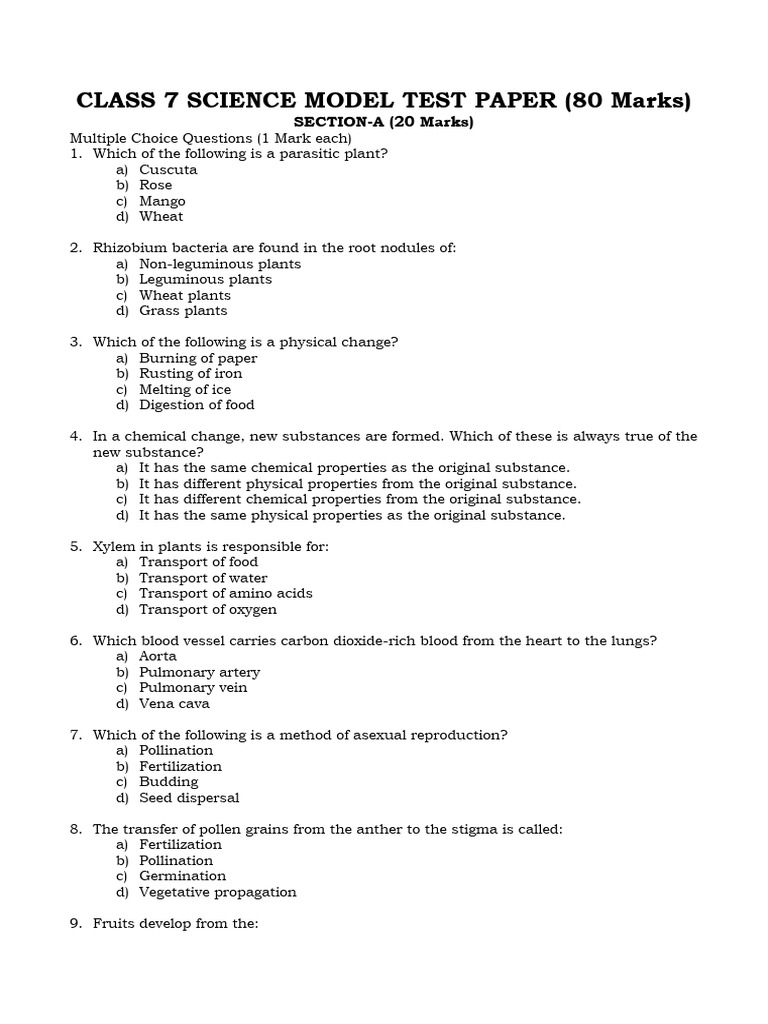 Class 7 Science Model Test Paper | PDF | Pendulum | Blood