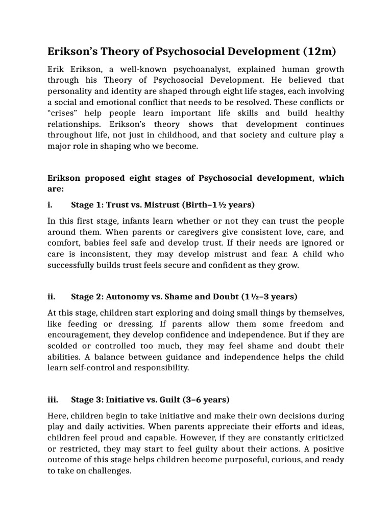 Erikson's Psychosocial Development Stages | PDF | Behavioural Sciences ...