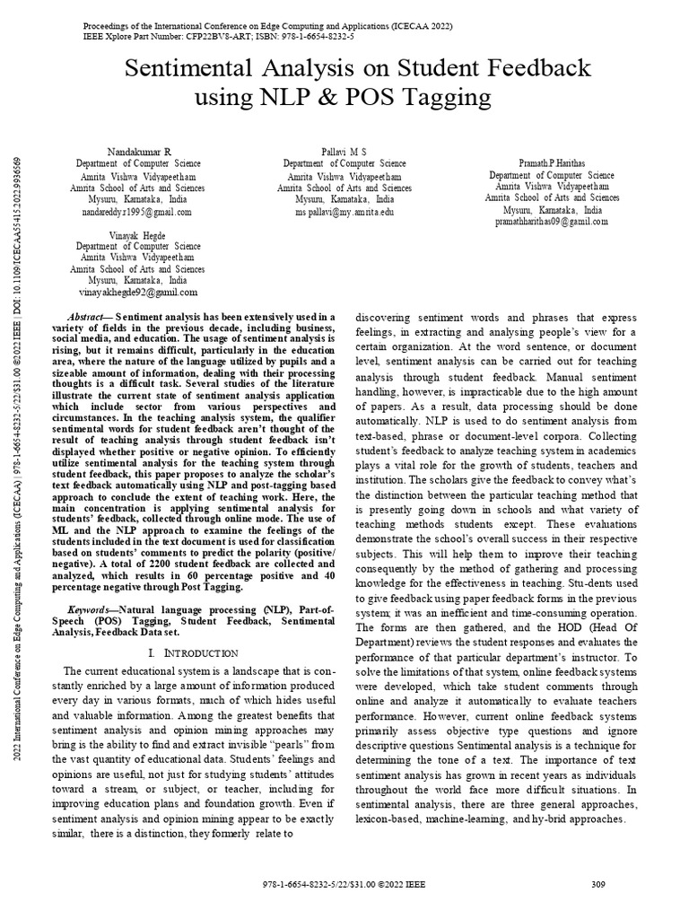 Sentimental Analysis On Student Feedback Using NLP Amp POS Tagging ...