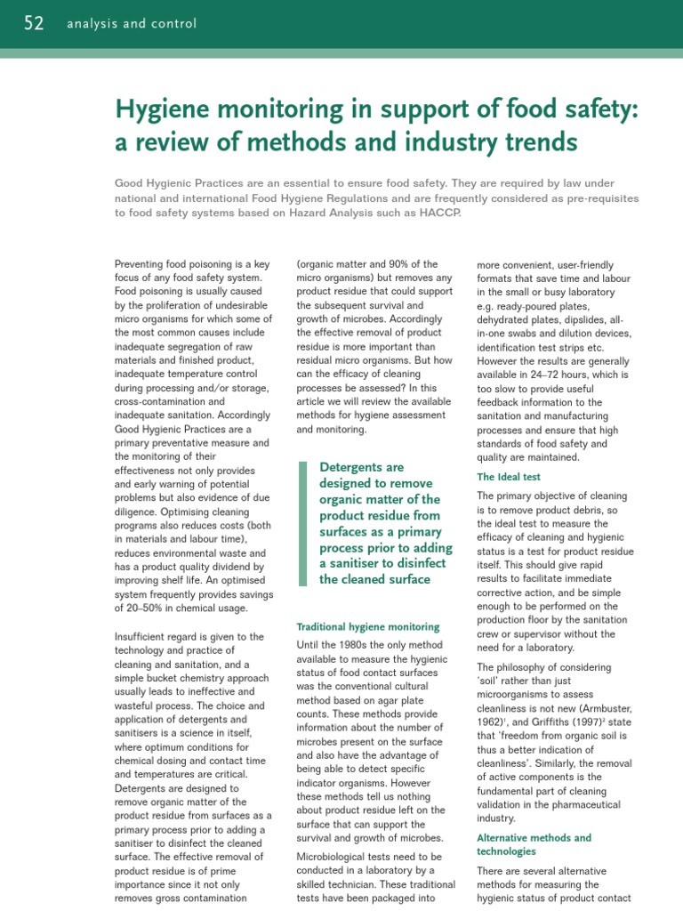 Hygiene Monitoring in Support of Food Safety - A Review of Methods and ...
