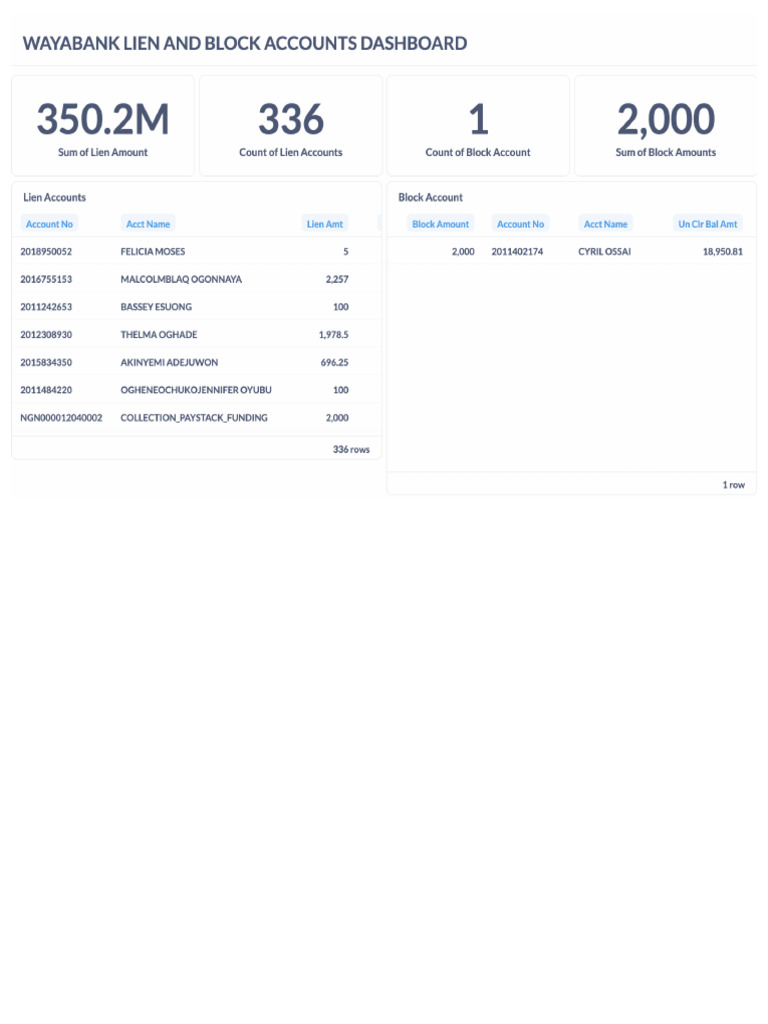 Wayabank Lien and Block Accounts Dashboard | PDF