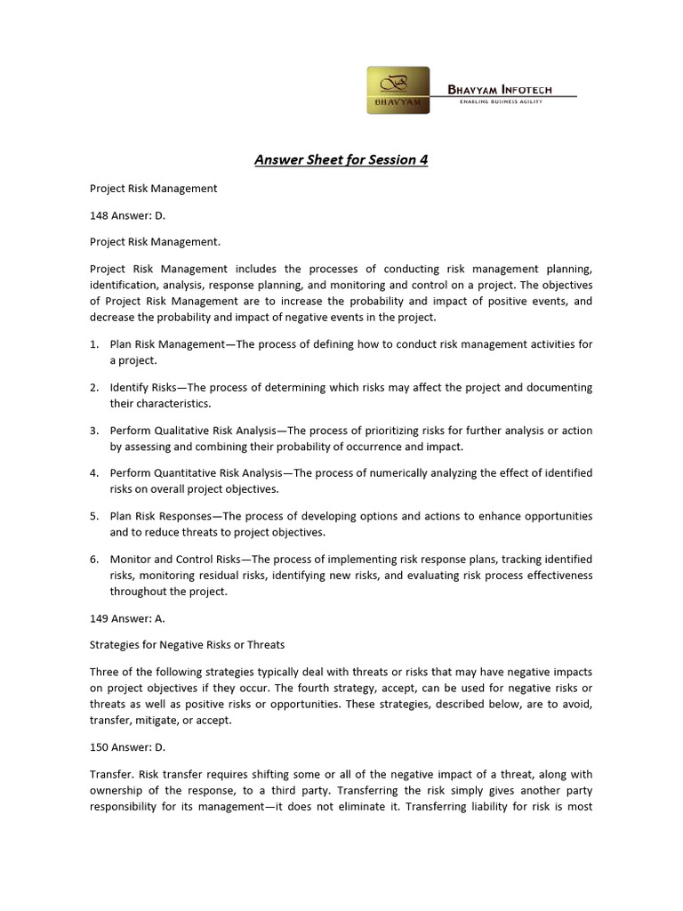 PMI PMP AnswerSheet Session 4 4 | PDF | Risk | Risk Management