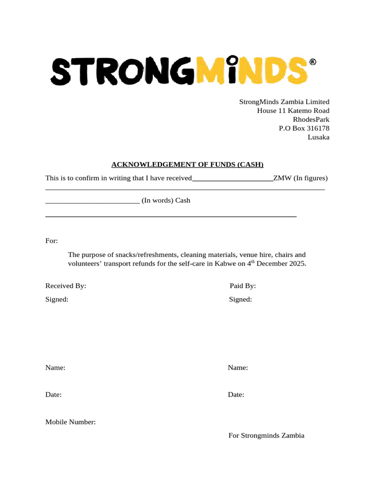 Acknowledgement of Funds Self Care Kabwe Dec 2025 | PDF