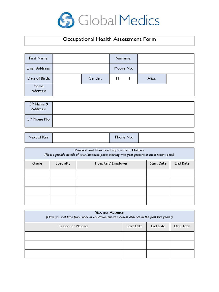 Occupational Health Assessment Form | PDF | Mental Disorder ...