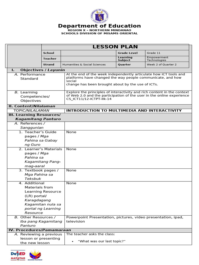 Multimedia and Interactivity Lesson Plan | PDF | Multimedia ...
