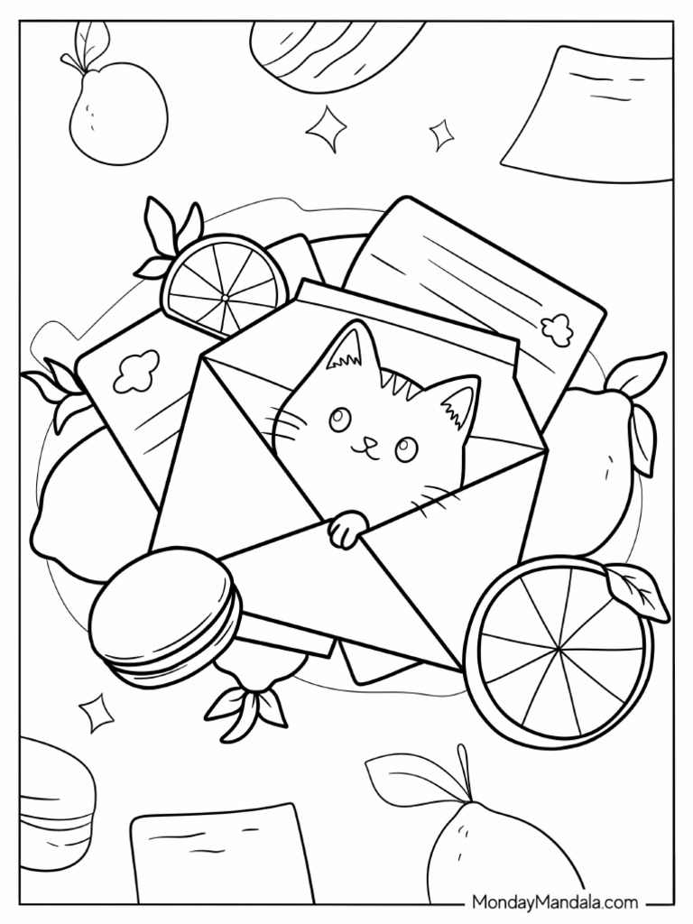 Cute Cat Inside an Envelope Surrounded by Fruits and Letters Coloring ...