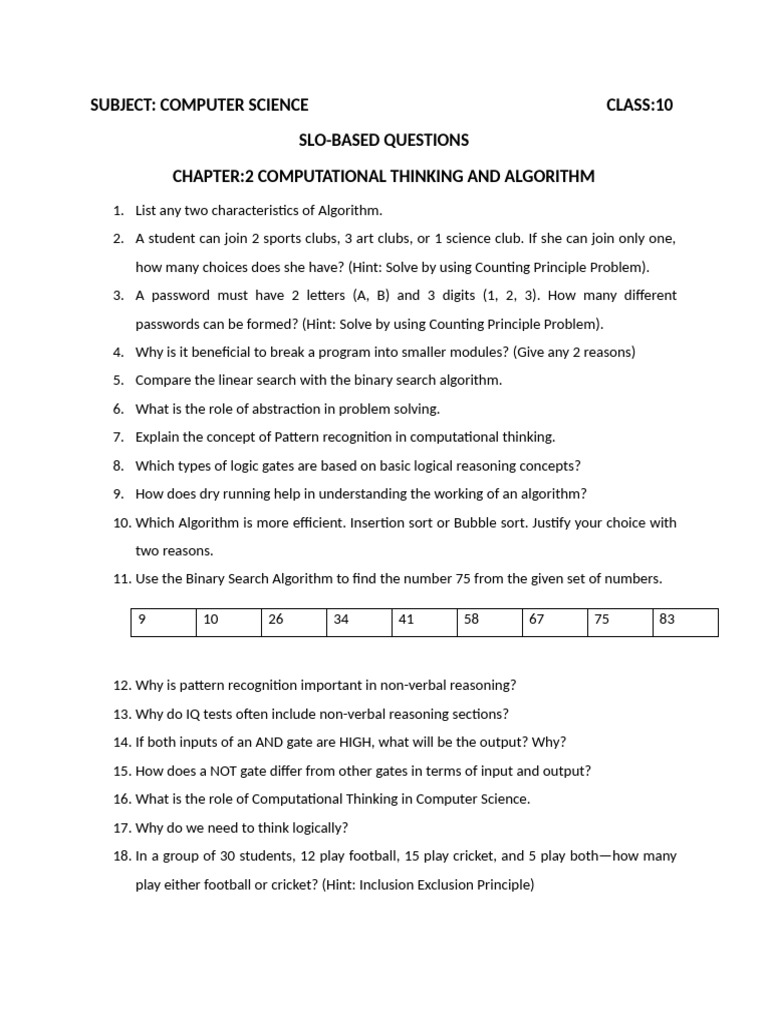 Class 10 Computational Thinking Questions | PDF | Reason | Algorithms