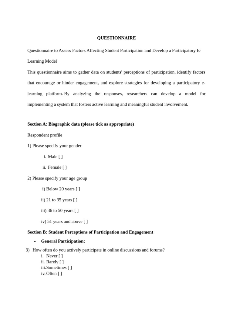 Questionnaire To Assess Factors Affecting Student Participation - Emily ...