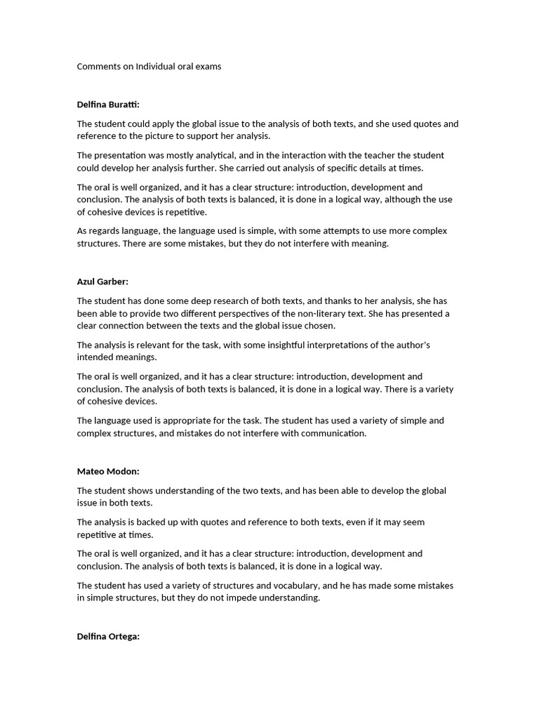 Comments On Individual Oral Exams | PDF | Human Communication ...
