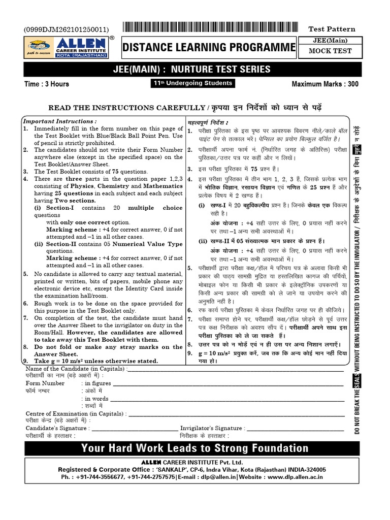JEE Main 2025 Sample Paper Mock Test Nurture | PDF