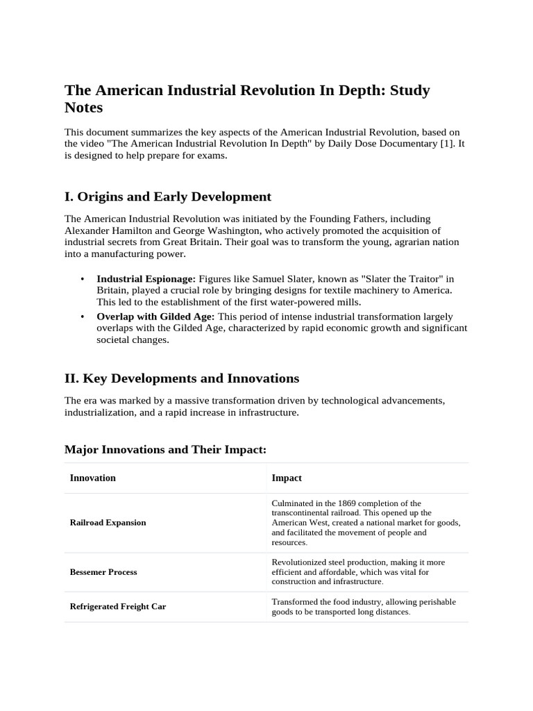 WK3 The American Industrial Revolution in Depth Study Notes | PDF ...