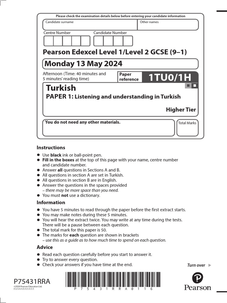 P1 GCSE Turkish Listening & Understanding H | PDF
