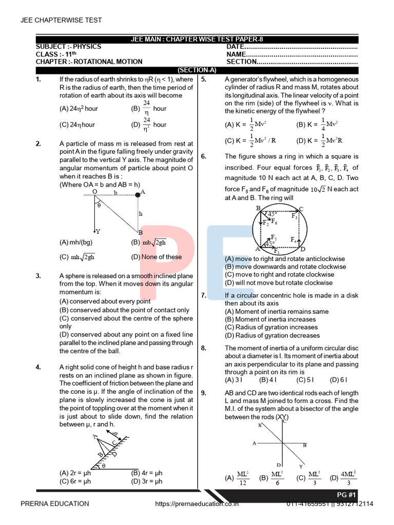 JEE Physics Test: Rotational Motion Problems | PDF | Mechanics | Motion ...