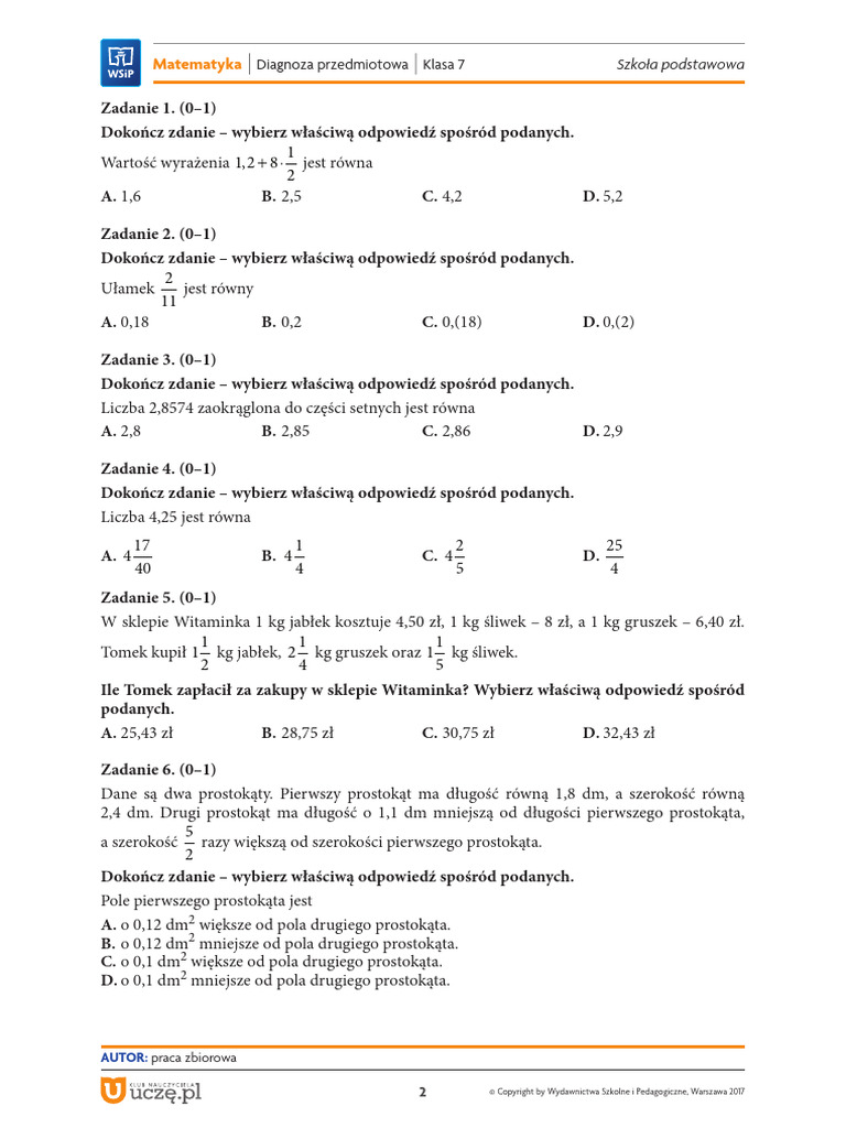Diagnoza z Matematyki Na Zakończenie Nauki w I Semestrze 7 Klasy Szkoły Podstawowej | PDF