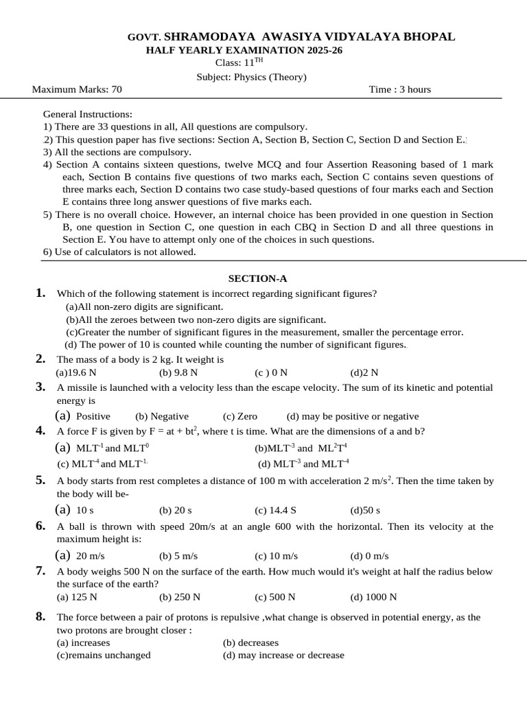 Class 11 Physics Half-Yearly Exam 2025-26 | PDF | Rotation Around A ...