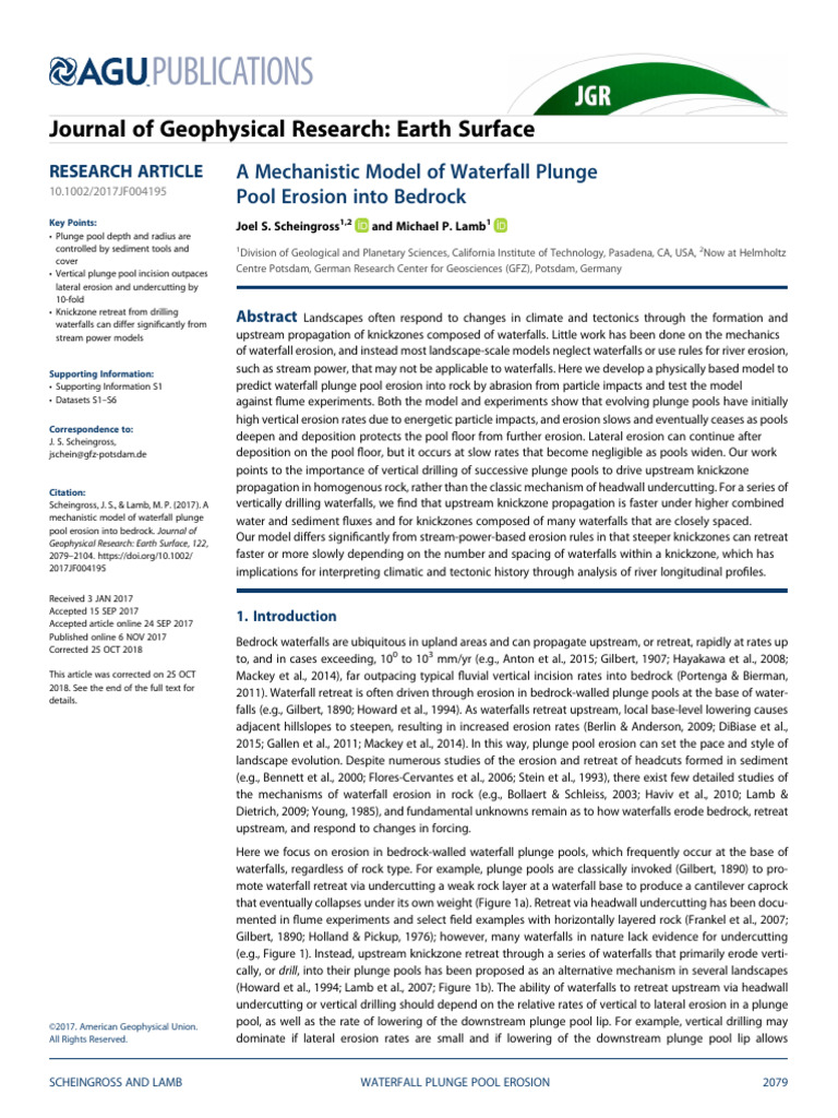 A Mechanistic Model of Waterfall Plunge Pool Erosion Into Bedrock | PDF ...