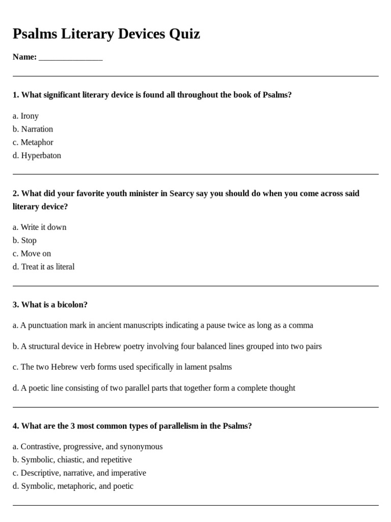 Psalms Literary Devices Quiz Guide | PDF
