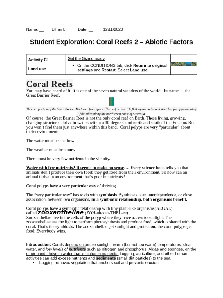 Lab Assignment 6 - A - CoralReef 2 - Abiotic Facors - Land Use | PDF ...