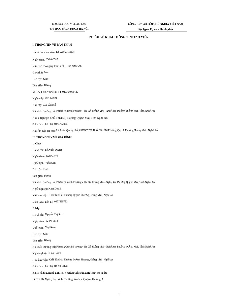 Phieu Ke Khai Thong Tin Sinh Vien | PDF