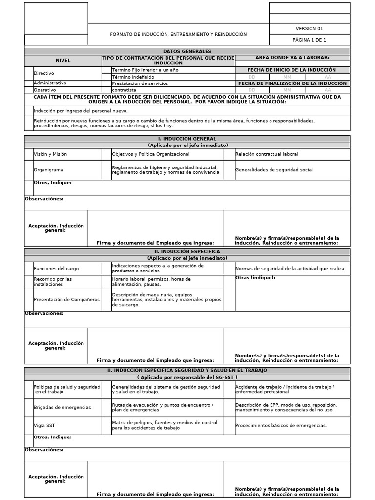 FORMATO DE INDUCCIÓN, ENTRENAMIENTO Y REINDUCCIÓN | PDF | Gestión de ...