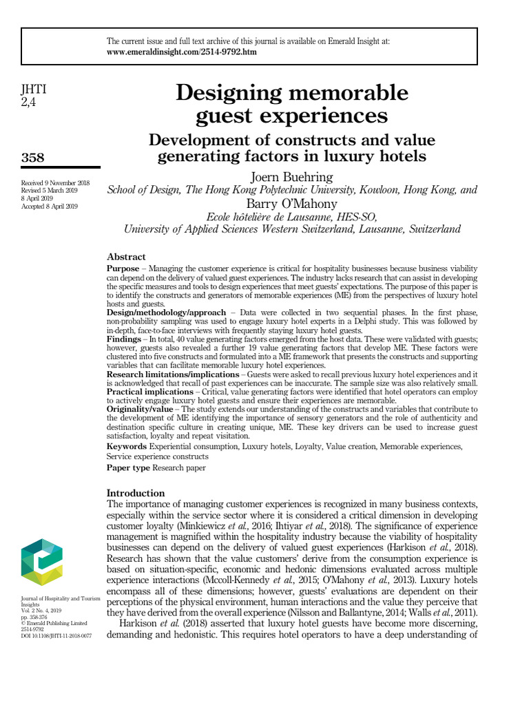 JHTI Memorble Experiences Constructs Apr 2019 AWARD 2020 | PDF ...