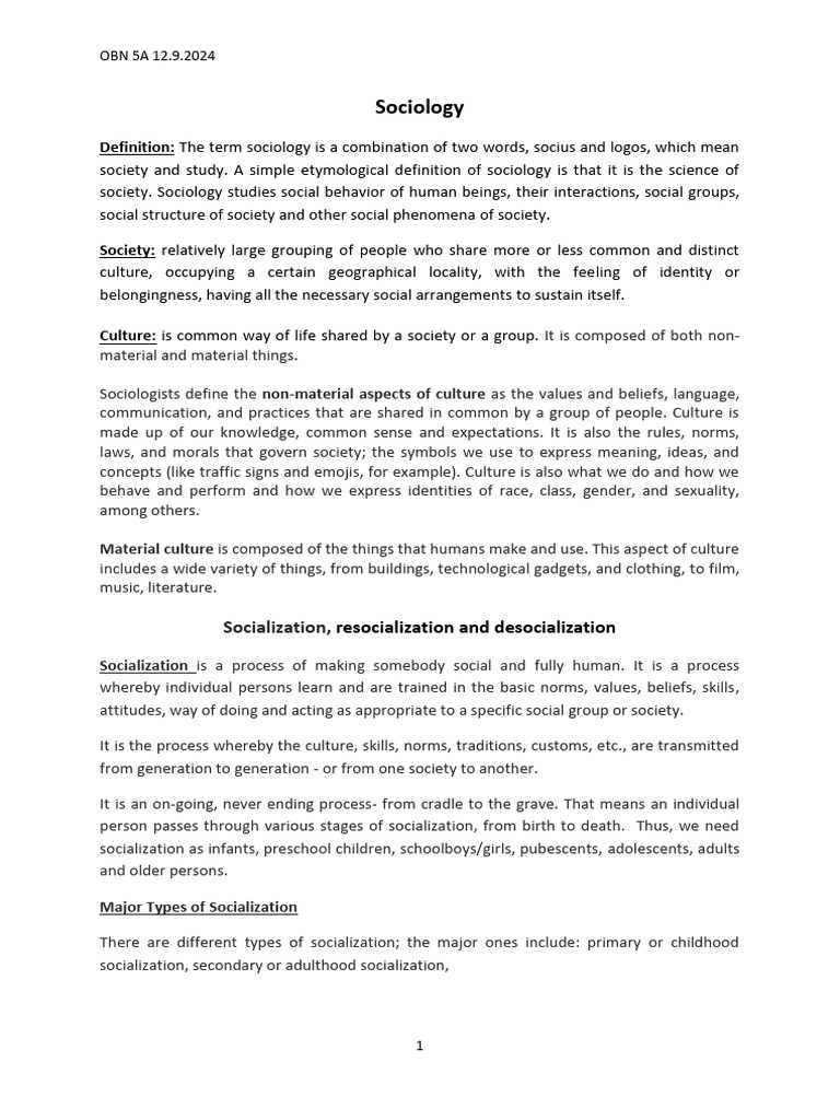OBN 5A Soc1 Sociology Intro+Socialization+Social Groups 12.9.2024 | PDF ...