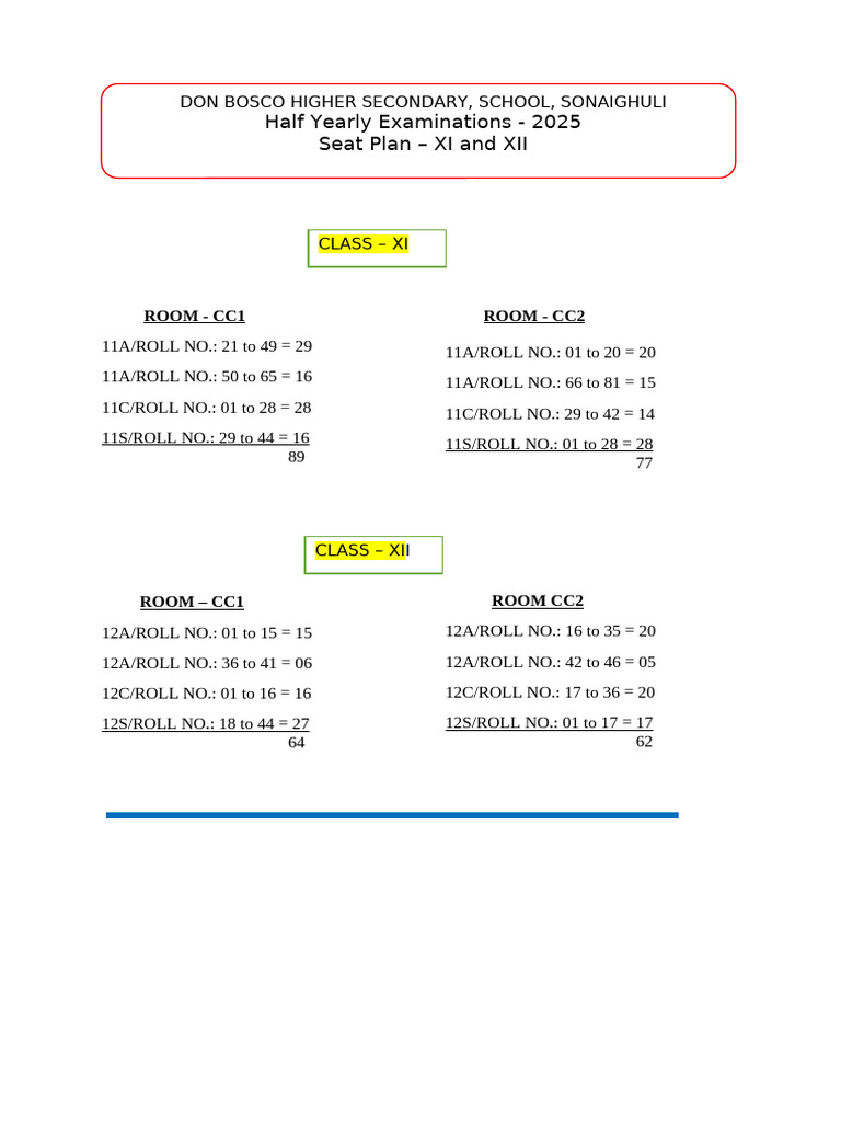Don Bosco School XI XII Exam Seat Plan | PDF