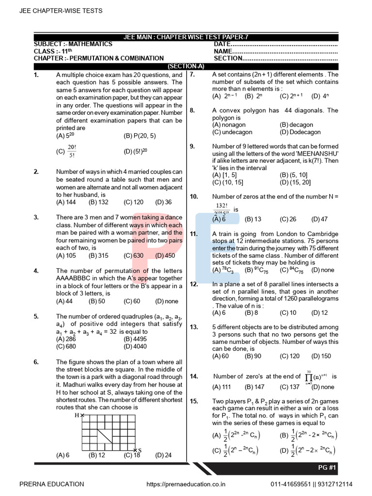 JEE Mathematics Permutations & Combinations Exam | PDF | Permutation ...