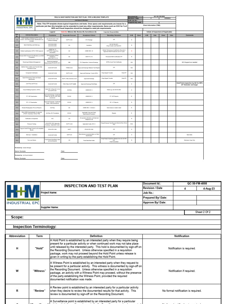 ITP Template HM Industrial EPC | PDF | Nondestructive Testing | Pipe ...