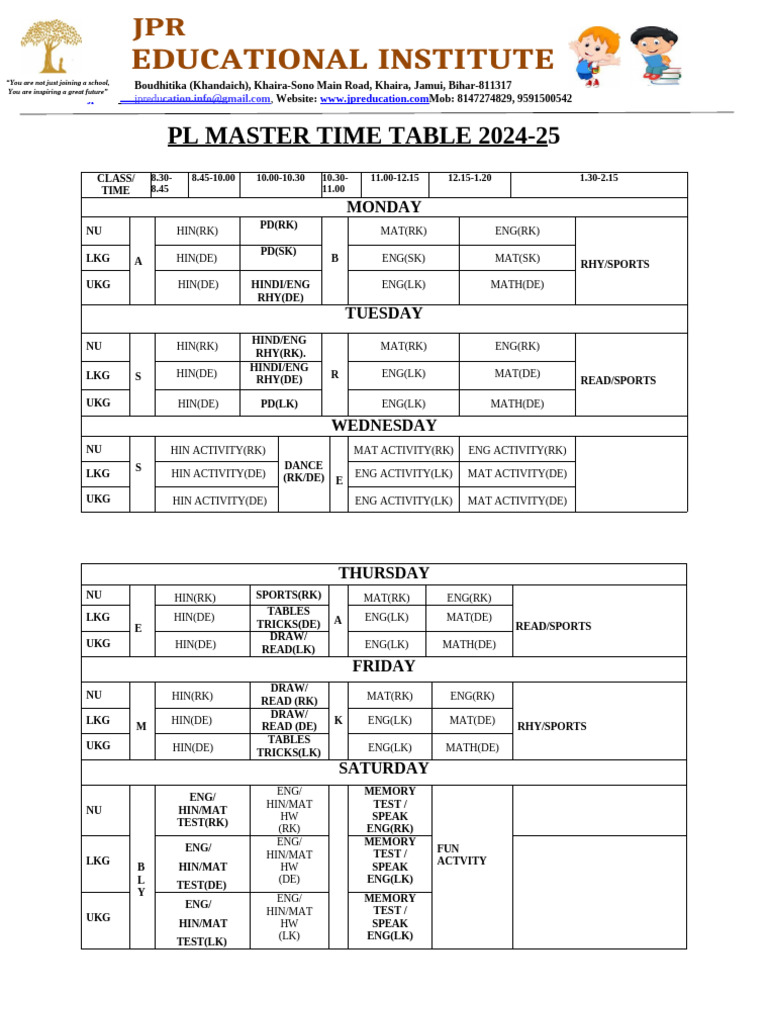 Play School Academic Master Time Table 2024-25 | PDF