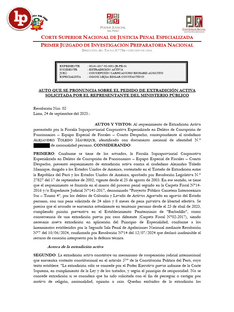 Exp.-00141-2017-92-5001-JR-PE-01-LP-derecho EXTRADICION TOLEDO | PDF | Extradición | Fiscal