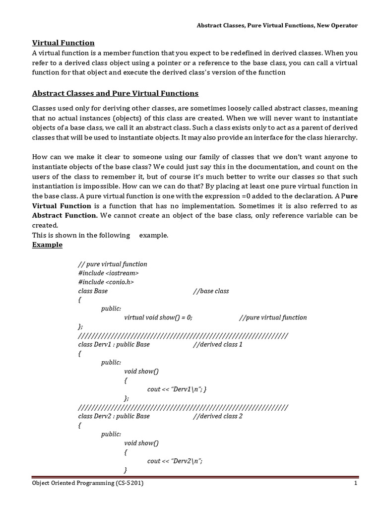 Virtual Funcitons_Pure Virtual Function, Abstract Classes, New Operator ...