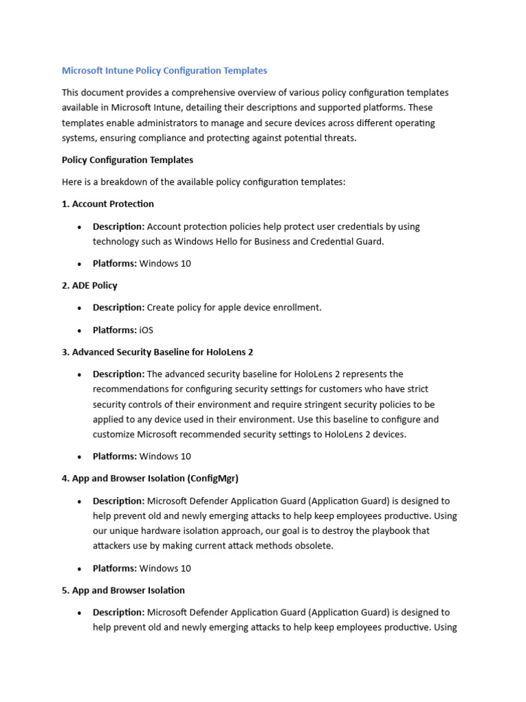 Microsoft Intune Policy Templates Guide | PDF | Windows 10 | Microsoft ...