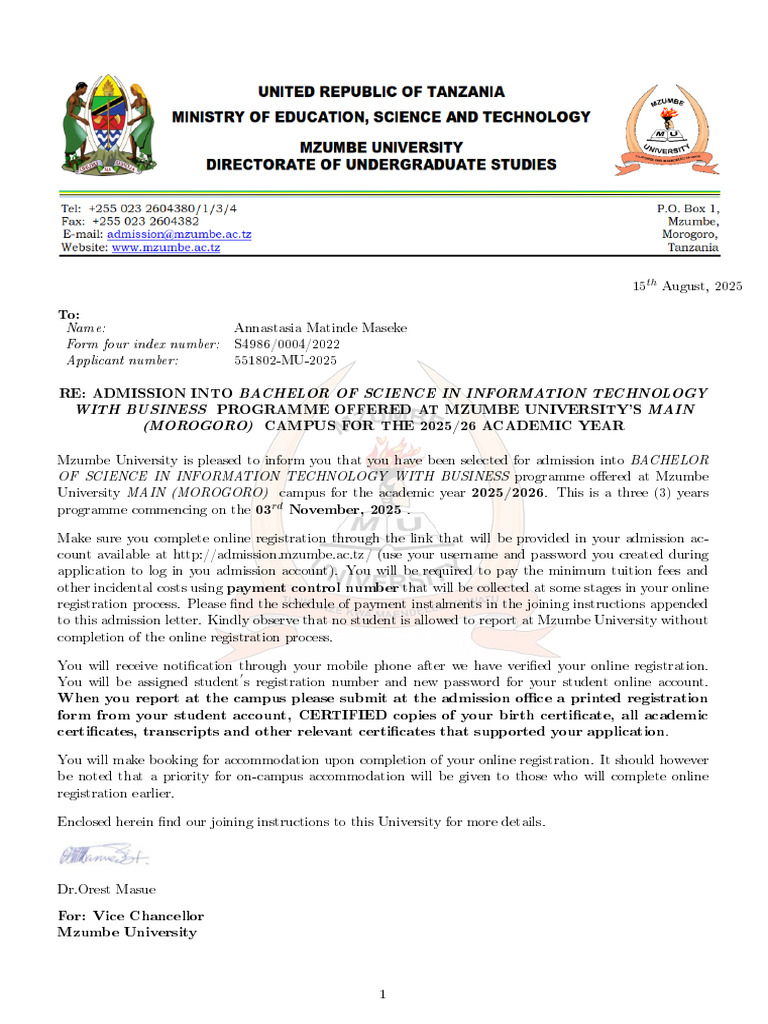 Mzumbe University IT Admission 2025/26 | PDF