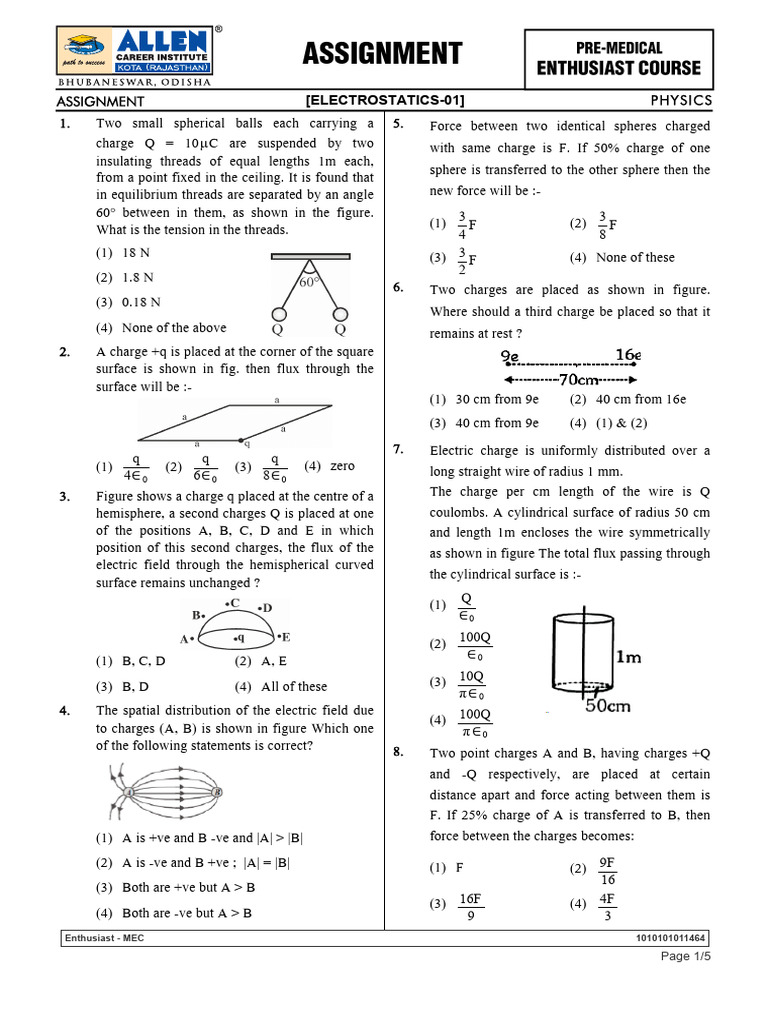 19_ASSIGNMENT#19_Electrostatics-01_SC | PDF | Sphere | Electric Field