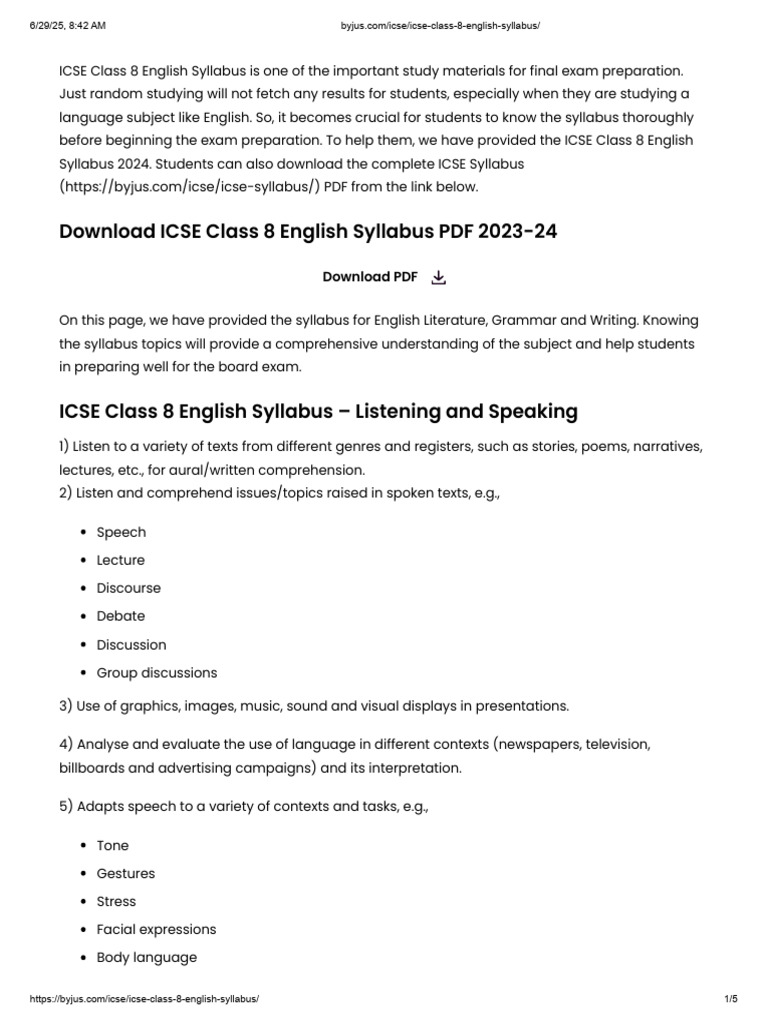 Syllabus English ICSE GRD 8th 2023-24 | PDF | Reading Comprehension ...