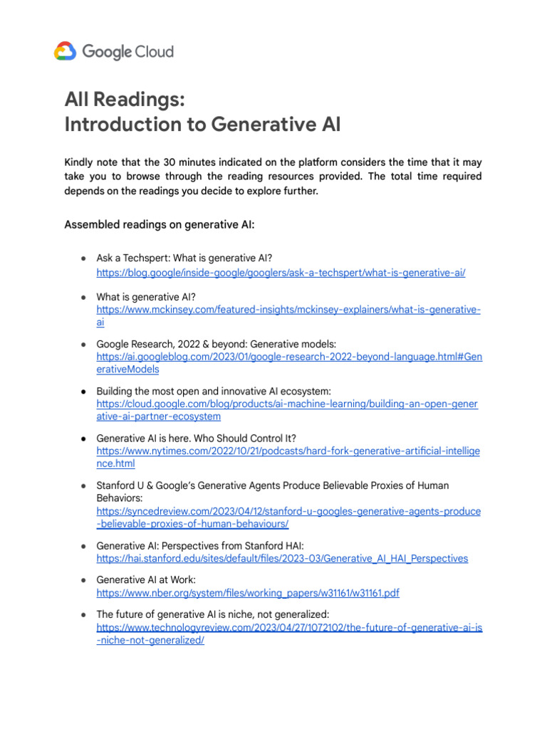 [G-GENAI-I] Reading List Introduction to Generative AI v1.1.2 (1) | PDF ...