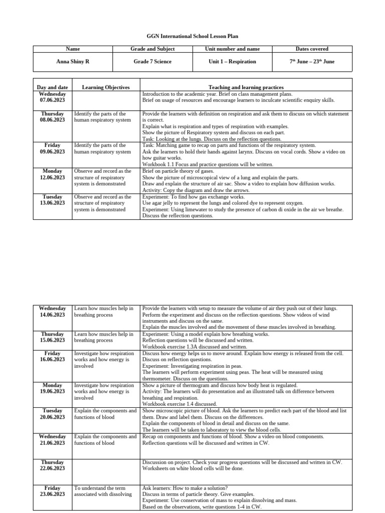 GR 7 Science STP (7th June - 23rd June) | PDF | Respiratory System ...