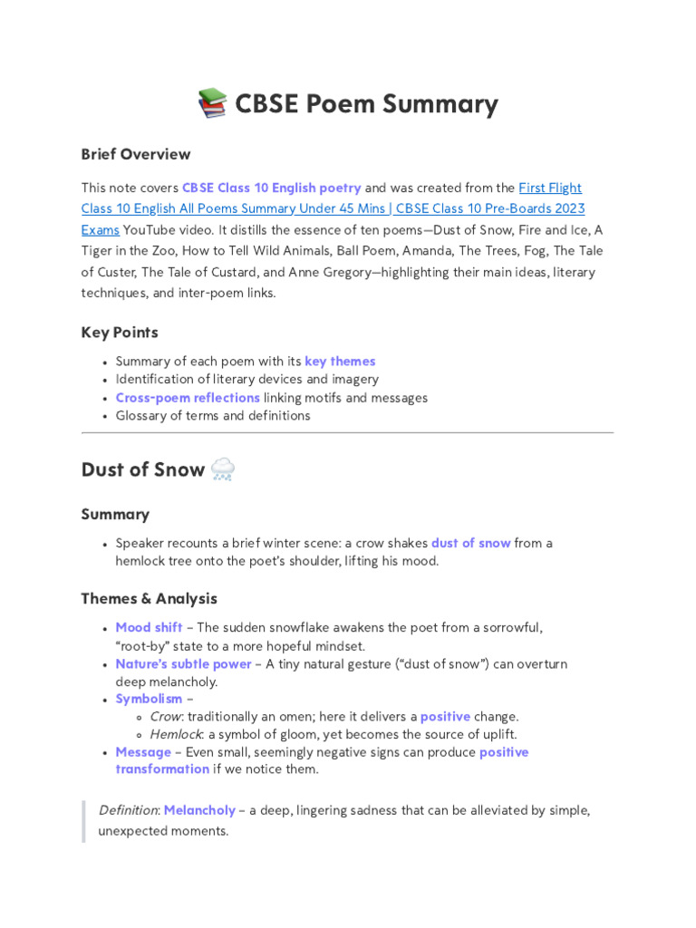CBSE Class 10 Poetry Summaries Guide | PDF | Love | Tiger