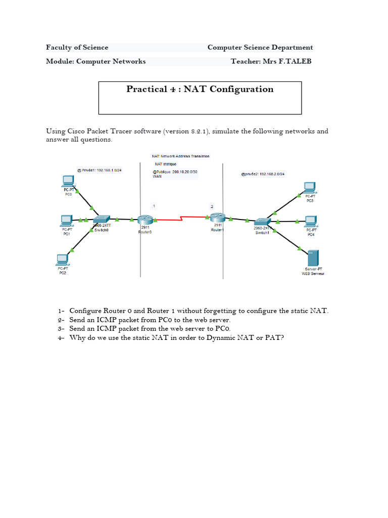 NAT Configuration in Cisco Packet Tracer | PDF