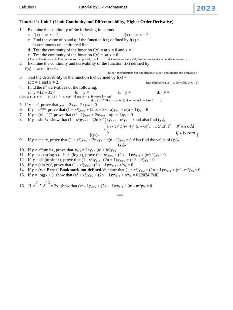 Calculus I (Tutorial 1 Limit Continuity and Differentiability, Higher ...