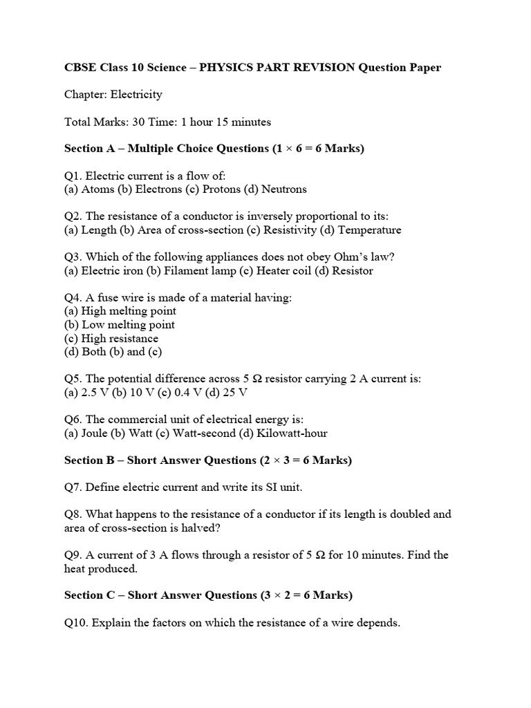 CBSE Class 10 Physics Electricity Revision | PDF
