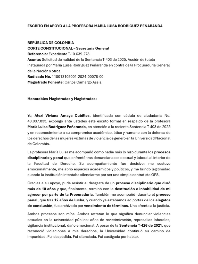 Escrito en Apoyo a La Profesora María Luisa Rodríguez Peñaranda | PDF