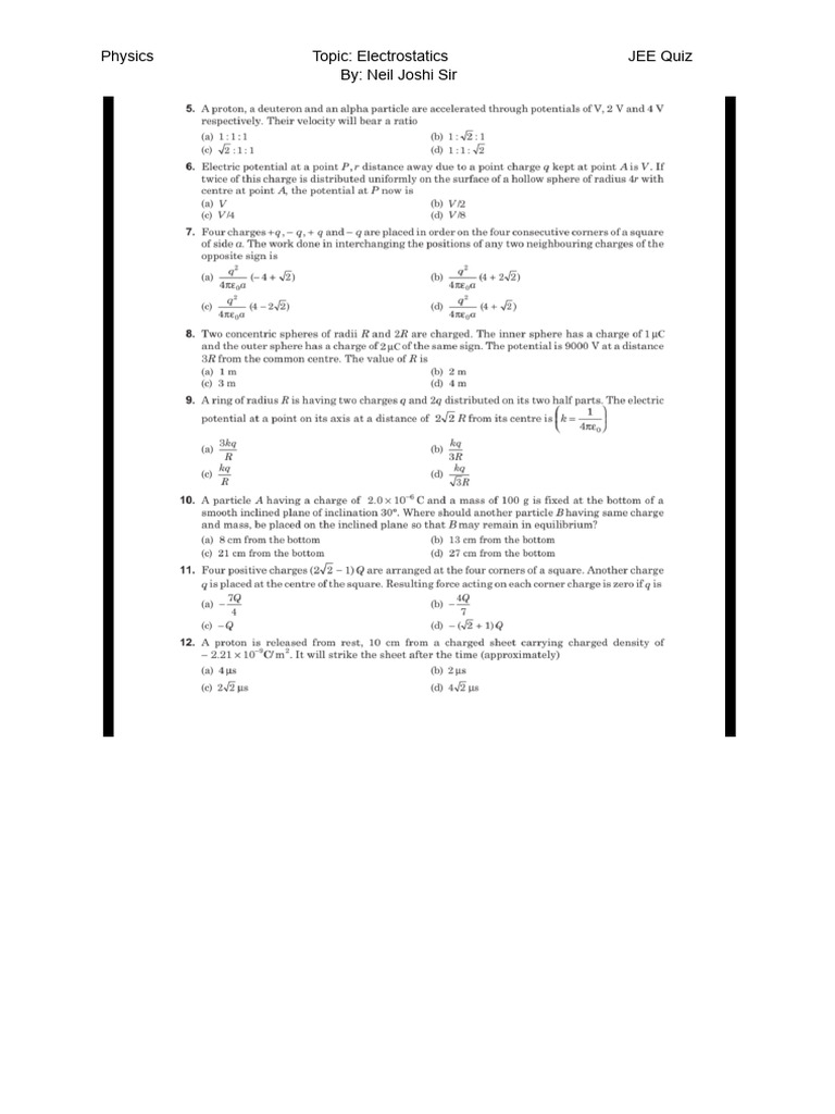 Electrostatics JEE Quiz-1 | PDF