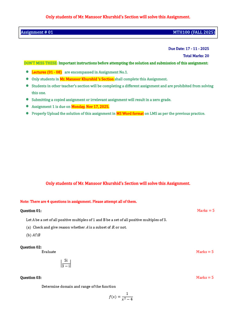 Assignment 01 MTH100 - Mansoor | PDF