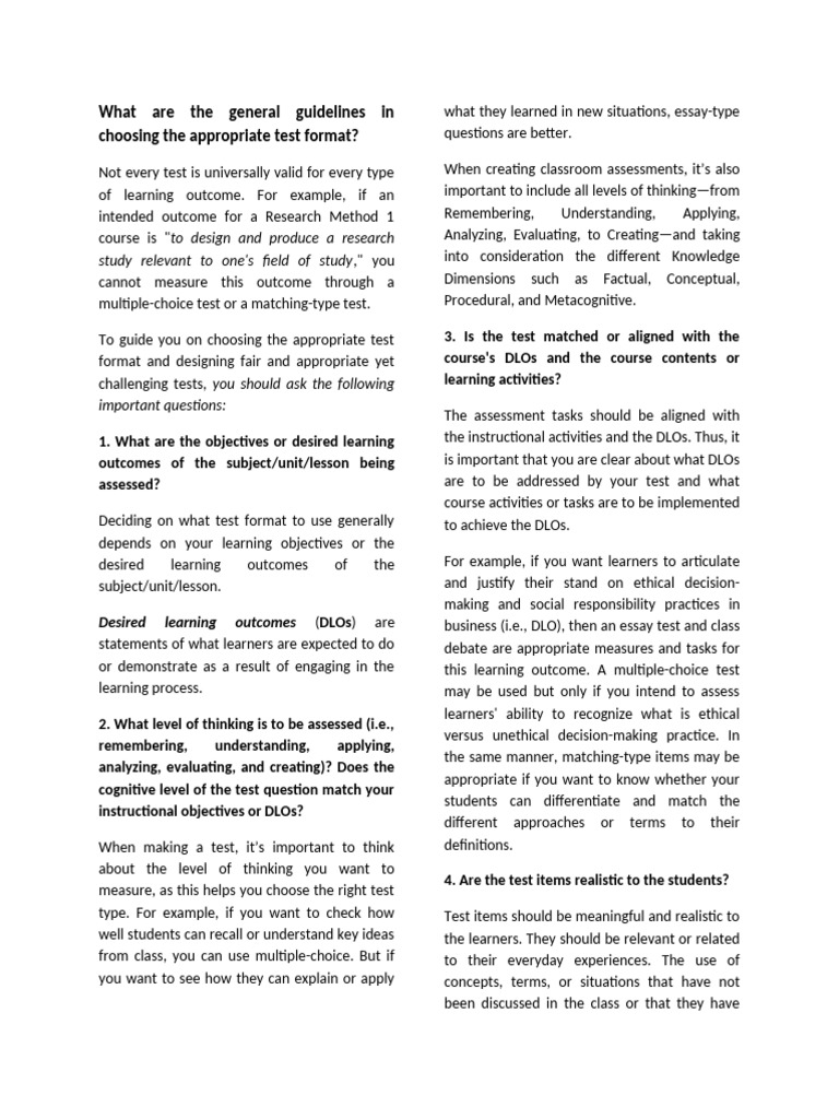 Guidelines for Choosing Test Formats | PDF | Educational Assessment ...