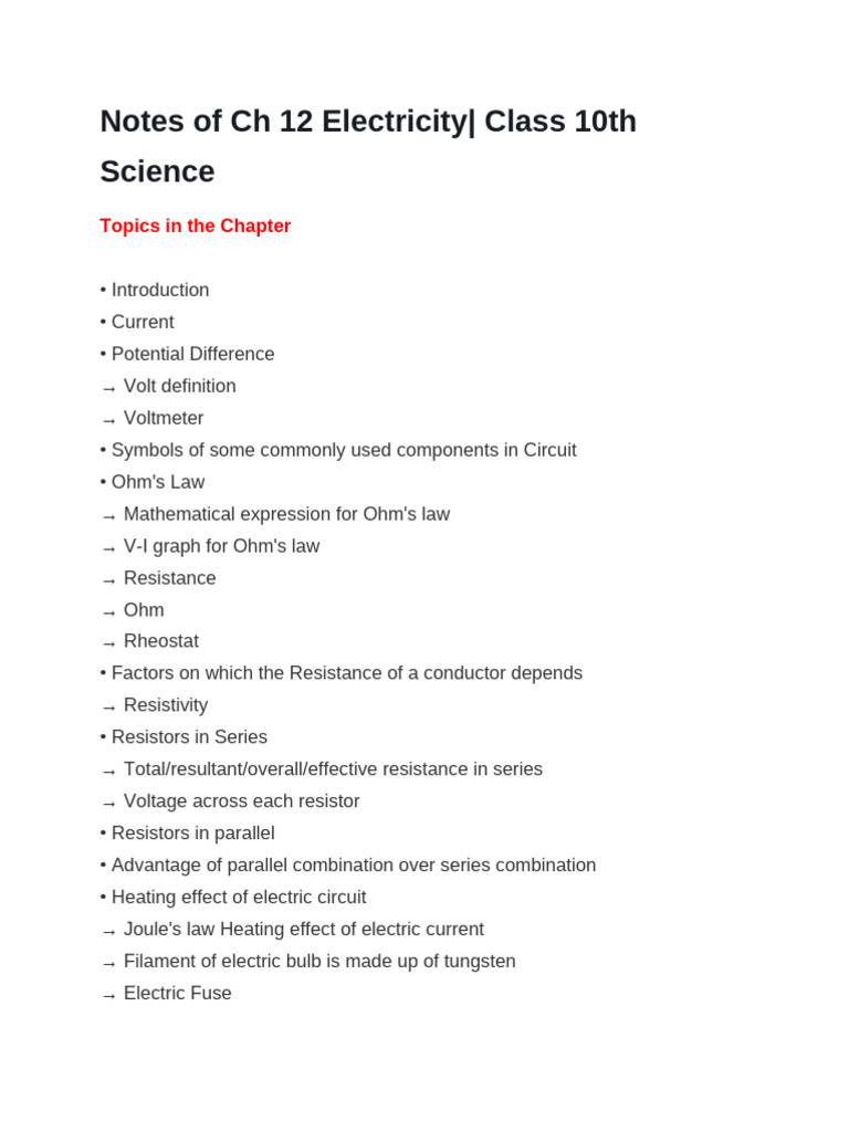 Class 10 Electricity Notes Summary | PDF | Voltage | Electric Current