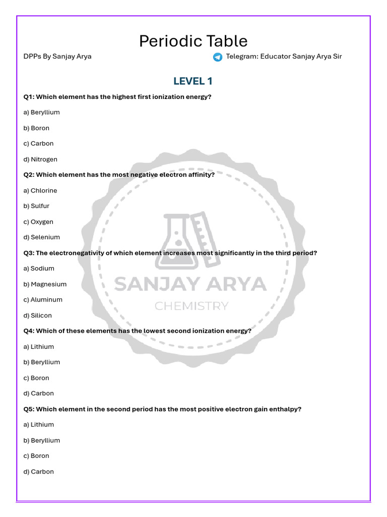 Periodic Table Ionization & Affinity Quiz | PDF | Chemical Elements ...
